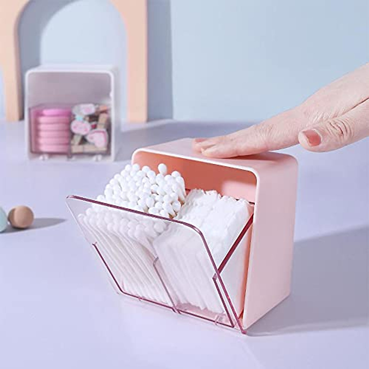 Hikinlichi Cotton Swab Ball Organizer Q-Tips Container Cotton Pads Holder Cosmetic Makeup Pads Dispenser Box 2 Sections with Clear Lid for Bathroom Washroom Countertop Home Office Desktop Storage