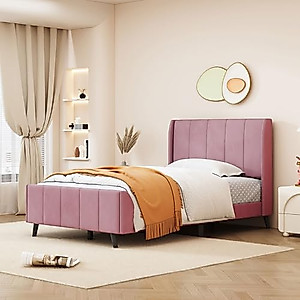HBRR Twin Size Bed Frame Velvet Upholstered Platform Bed with Headboard and Strong Wooden Slats, Mattress Foundation, No Box Spring Needed, Easy Assembly, Pink