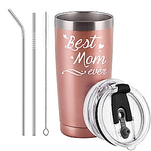 Best Mom Tumbler Best Mom Ever Tumbler with Straw and Lid Best Mom Ever Travel Tumble Birthday Mothers Day Gifts for Mom from Daughter Son Mom Travel Tumbler with 2 Lids and Straws, 20OZ Rose Gold