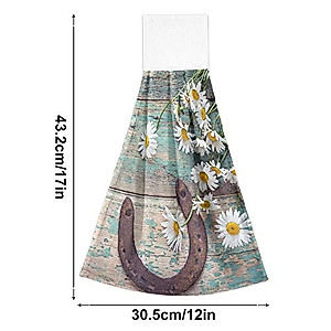 Rusty Horseshoe Daisies On Wood 2 Pcs Hanging Kitchen Hand Towels, Hanging Tie Towels with Hook & Loop Washcloth Dishcloths Sets Decorative Absorbent Tea Bar Bath Hand Towel