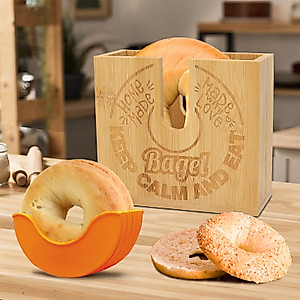 FunisFun Wood Bagel Cutter Slicer for Small and Large Bagels Adjustable Bamboo Bagel Holder with Silicon Hamburger Holder for Bread Slicing