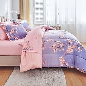 AIKASY Pink and Light Purple Queen Comforter Set with Sheets,Bed in a Bag 7-Pieces,Branches and Flowers Printing Design,Ultra Soft Down Alternative All Season Bedding Set(Queen,Blossom Stem)