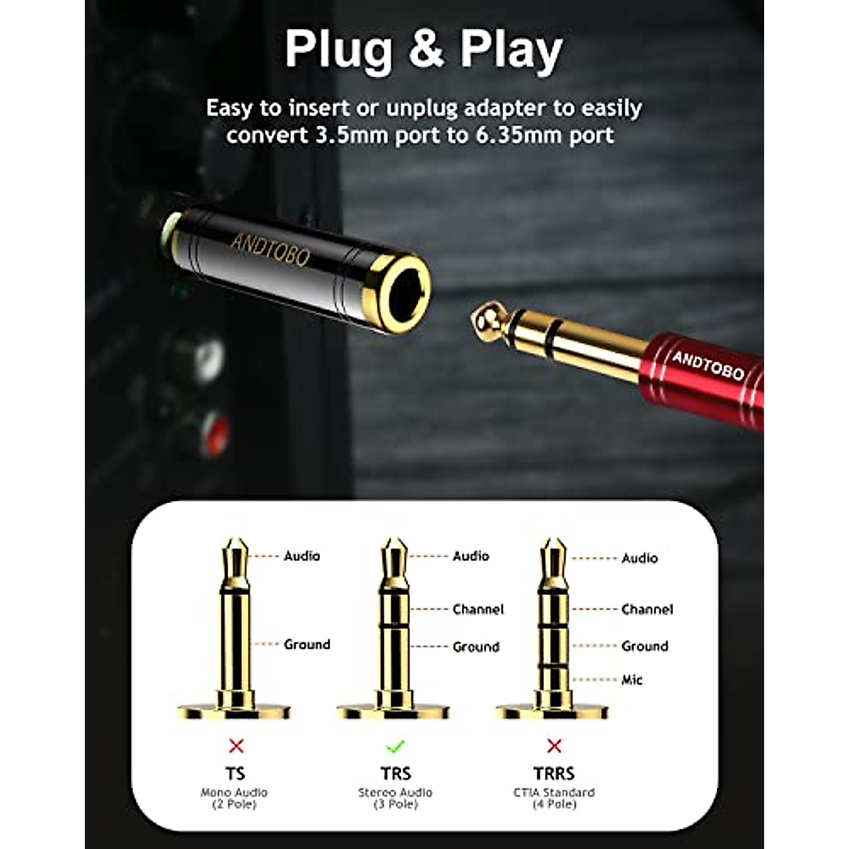 ANDTOBO 3.5mm Male to 1/4'' Female Stereo Pure Copper Headphone Adapter,3.5mm(1/8'') Plug Male to 6.35mm (1/4'') Jack Female Stereo Adapter for Headphone, Amp Adapte, Black 1-Pack