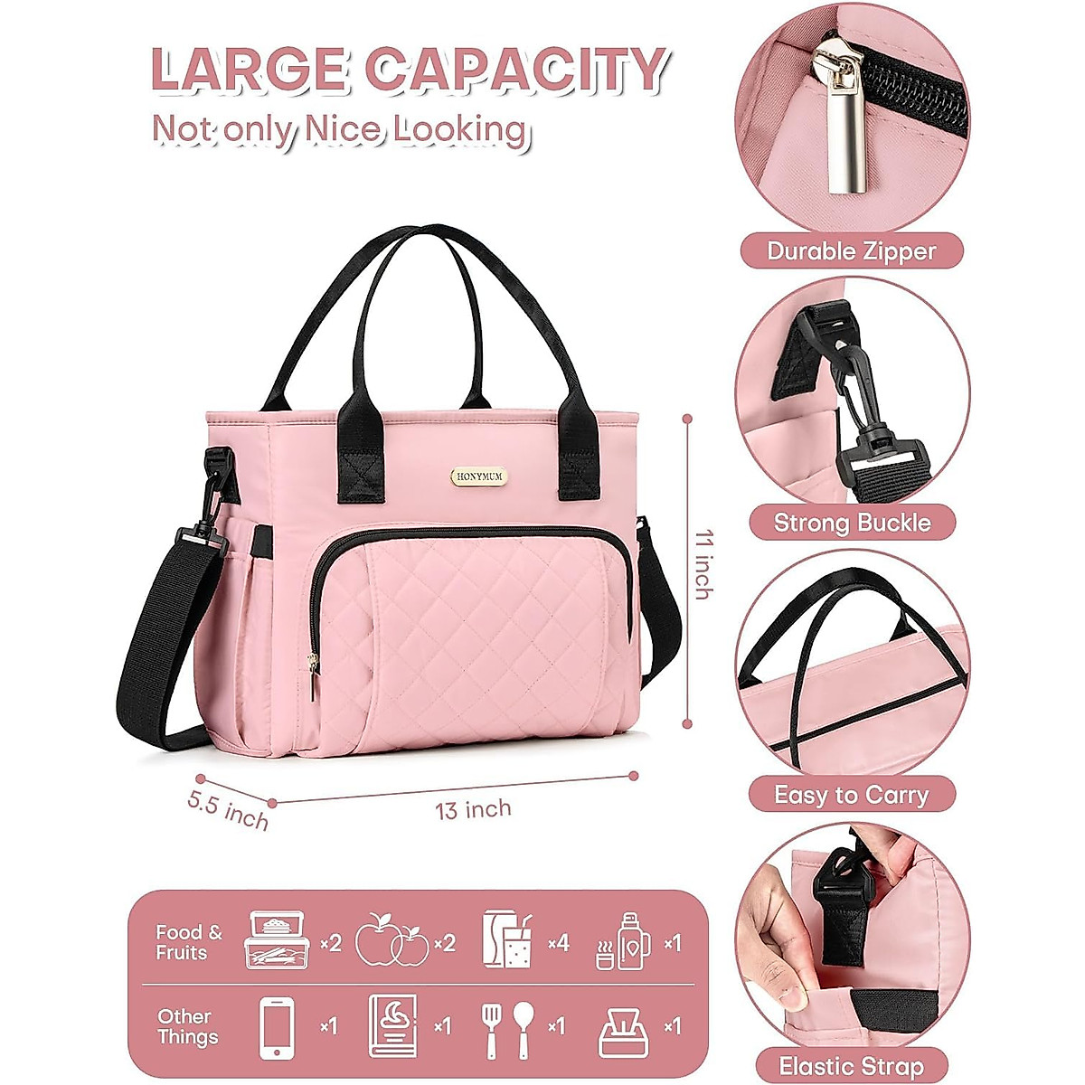 ESMNONA Insulated Lunch Bag - Leakproof Nylon Cooler Tote with Adjustable Shoulder Strap