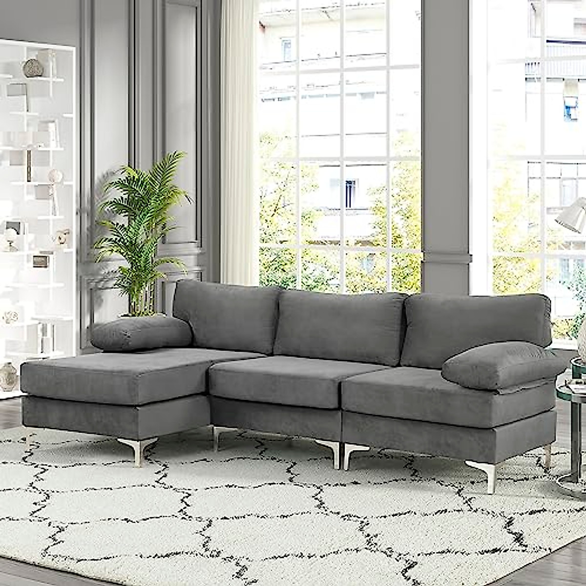 Casa Andrea Milano Modern Large Velvet Fabric Sectional Sofa, L-Shape Couch with Extra Wide Chaise Lounge, Grey
