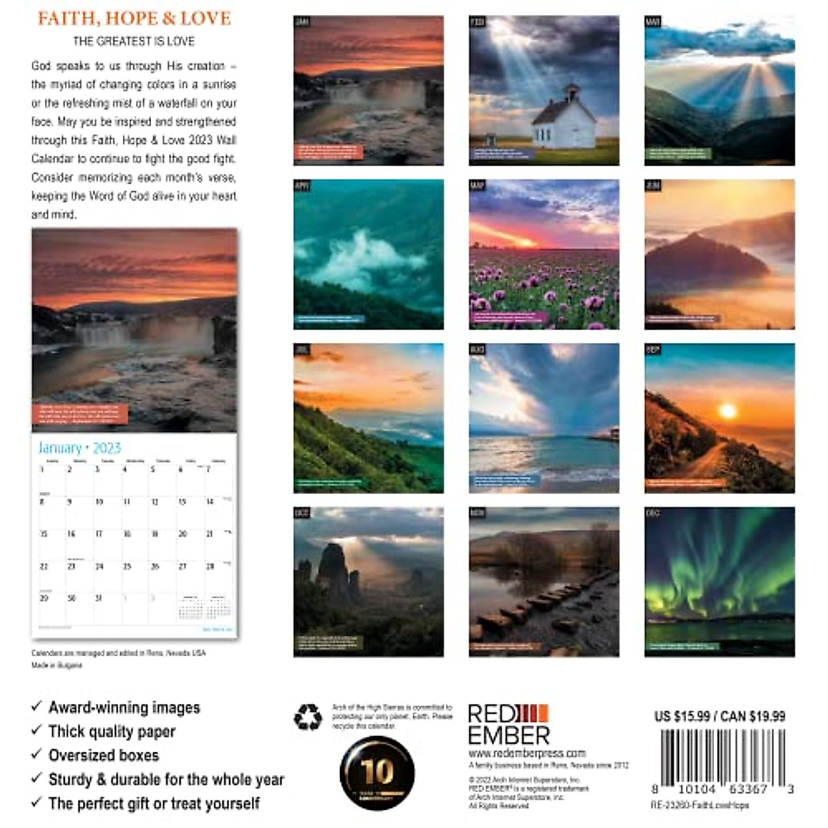 RED EMBER Bible Verses Faith, Hope & Love 2023 Hangable Monthly Wall Calendar | 12" x 24" Open | Thick & Sturdy Paper | Giftable | The Greatest Is Love