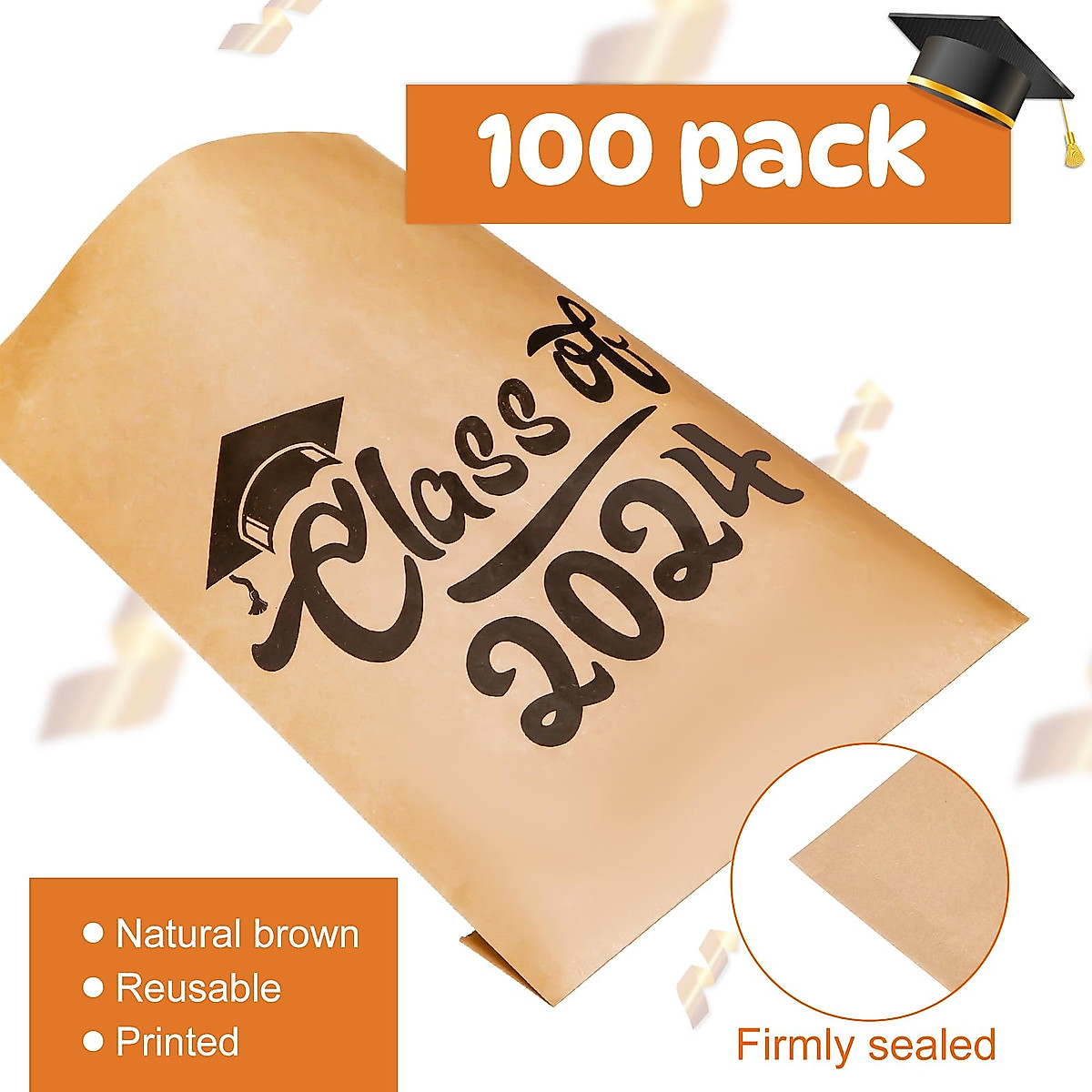 Woanger 100 Pcs Graduation Favor Bags Candy Bags Paper Cookie Bags Class of 2024 Grad Treat Bags Kraft Brown Bags Small Flat Envelopes Favor Bags for Bakery Snacks Sandwiches Graduation Party Supply