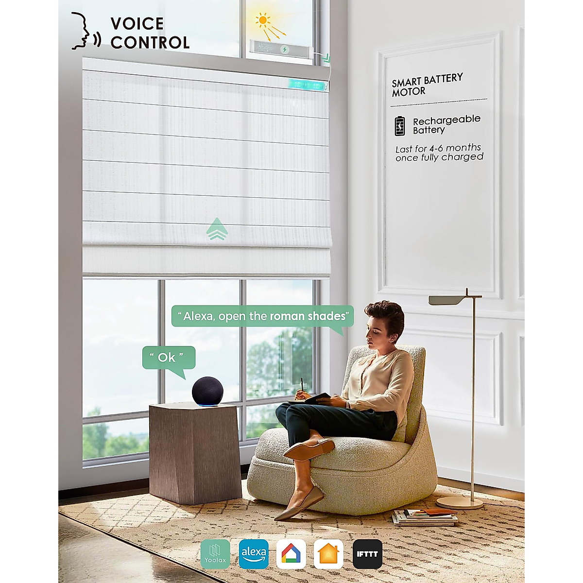 Yoolax Motorized Roman Shade Half-Shading Classic Fold Smart Blind Capable with Alexa & Google Home, Electric Window Shade Customize, Fabric Samples of Motorized Roman Shade, Multi-Color