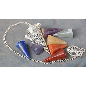 Jet International Jet Chakra Cage Pendulum 2" Free Booklet Crystal Therapy Interchangeable Chakra Cone Silver w/Pouch Divination Wicca Yes/No Pagan (Pentacle Star)