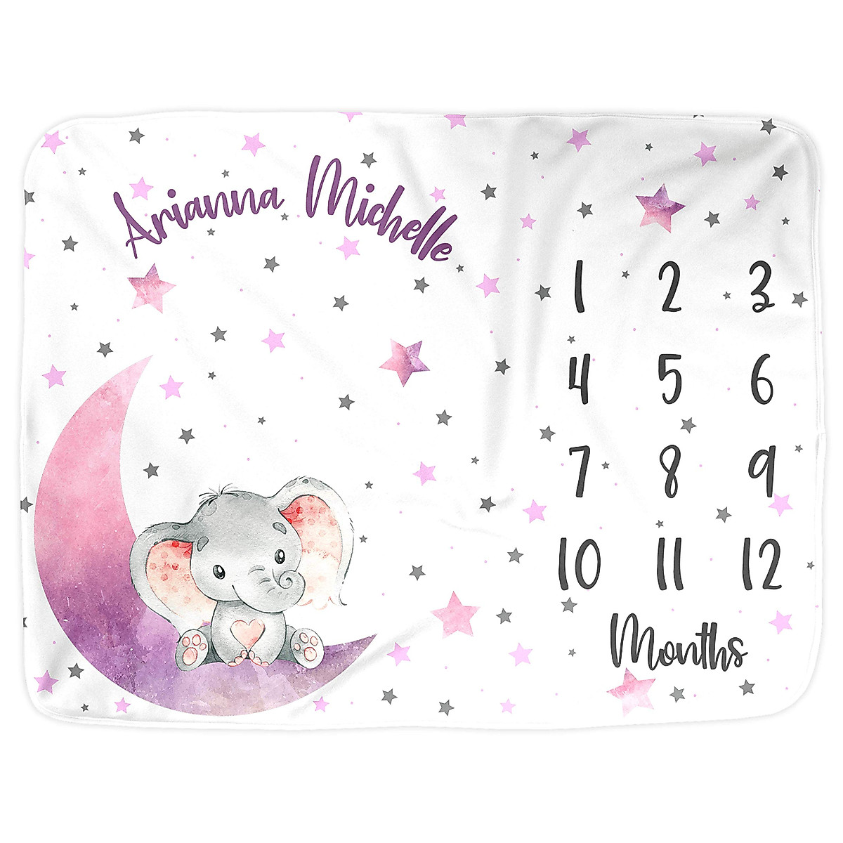 Elephant Baby Milestone Blanket Girl, First Year Monthly Growth Blanket, Personalized Name Month Photo, Love You to The Moon and Back, Baby Girl Shower Gift (Elephant-Pink, Smooth 38x28)