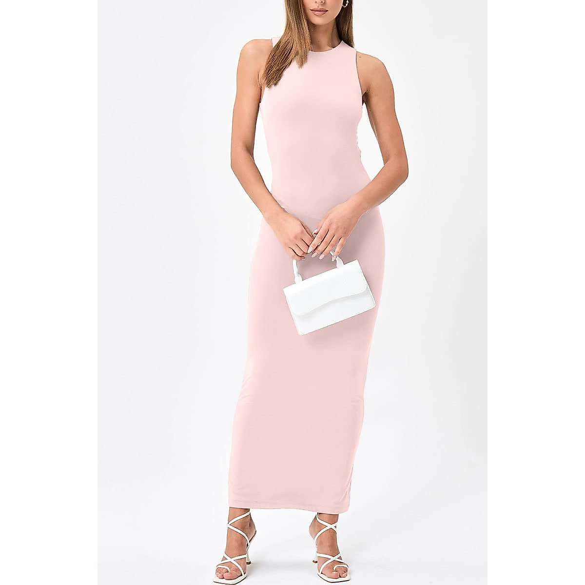 LILLUSORY Backless Maxi Dress Women's 2023 Spring Summer Casual Long Tank Dresses Sexy Basic Bodycon Party Dress Pink