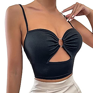 Women's Sexy Sleeveless V Neck Plunging Camisole Basic Solid Color Hollow Out Y4k Cropped Tank Top Slim Bustier Bras Black