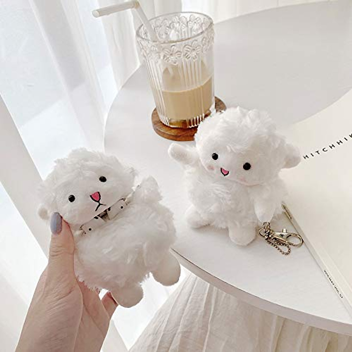 Rertnocnf Compatible with Earbuds Case Airpods 1 & 2, Kids Teens Girls Cute Plush White Sheep Wireless Earphone Protector Keychain