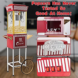 Cornrush Popcorn Maker Professional Cart Retro Classic Popcorn Popper Machine 8 Ounce with Nonstick Kettle for Home Use, Party and Birthday Gift, Red