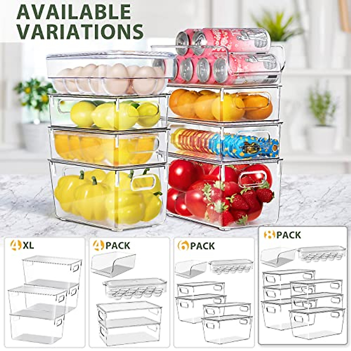 Refrigerator Organizer Bins-8 Pack Fridge Organizers and Storage Clear with Lids Stackable Storage Bins Plastic Clear Containers for Organizing for Kitchen Cabinet Pantry Bins