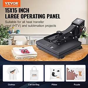 VEVOR Heat Press, 15x15 Power Heat Press Machine for T-Shirts, Fast Heating, High Pressure Digital Industrial Sublimation Printer for Heat Transfer Vinyl, Dark Black