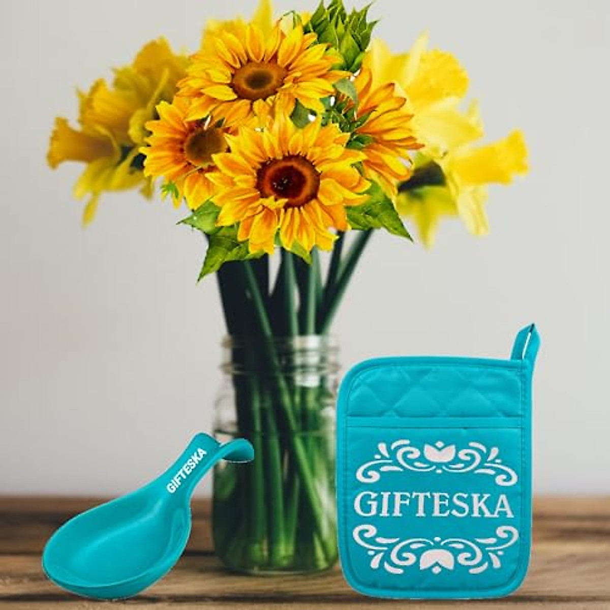 The Pioneer Woman 6.4-Quart Enamel on Steel Dutch Oven with Lid bundle with Spoon Rest and Pot Holder Turquoise Kitchen Gadgets Gift Set (TOTAL 4 PC) The Pioneer Woman Vintage Floral Kitchen Gift Sets for Women