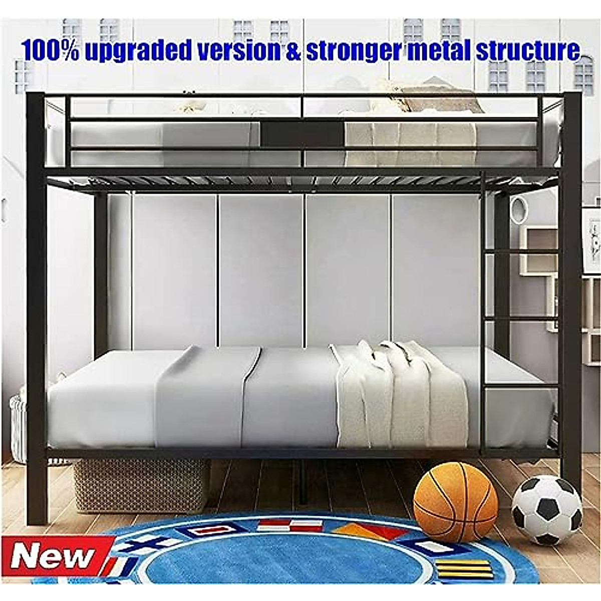 Ninowokc Latest Upgraded & Stronger Metal Queen Bunk Bed, Thicken Heavy Duty Steel Bunk Queen Bed Frame with Guardrails & Ladder for Kids Adults Teens Boys Girls, Easy to Assemble (Queen Over Queen)