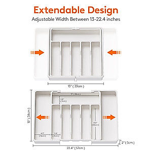Lifewit Silverware Drawer Organizer, Expandable Utensil Tray for Kitchen, BPA Free Flatware and Cutlery Holder, Adjustable Plastic Storage for Spoons Forks Knives, Large, White