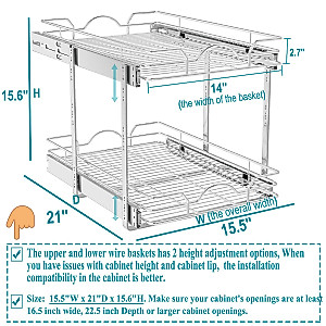 OCG 2 Tier Pull Out Cabinet Organizer (15.5" W x 21" D), Pull Out Drawers for Kitchen Cabinets, Pull Out Shelves for Base Cabinet Organization in Kitchen Bathroom Pantry, Chrome Finish
