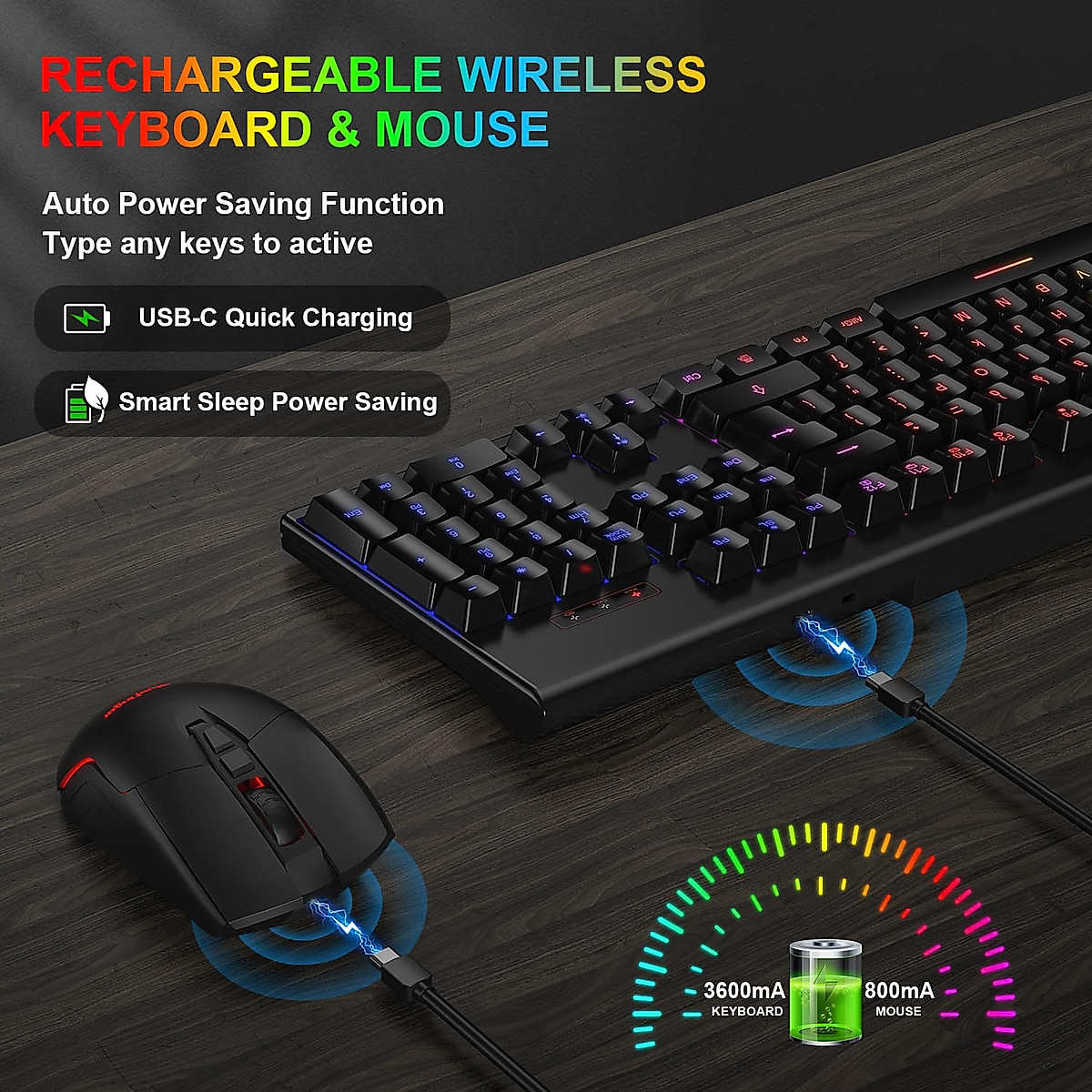 BlueFinger Wireless Gaming Keyboard and Mouse, Rechargeable Rainbow Backlit Wireless Keyboard and Ergonomic Light Up Mouse Combo for Windows, Mac, PC, Laptop