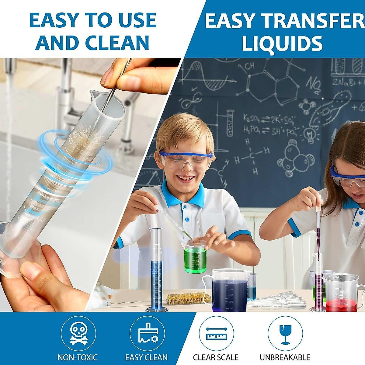 moveland Upgraded Plastic Graduated Cylinder and Plastic Beakers Set - Graduated Cylinder 10ml 25ml 50ml 100ml, Beakers 50ml 100ml 250ml 500ml 1000ml, 5 Pcs Pipettes, Ideal for DIY and Science Lab