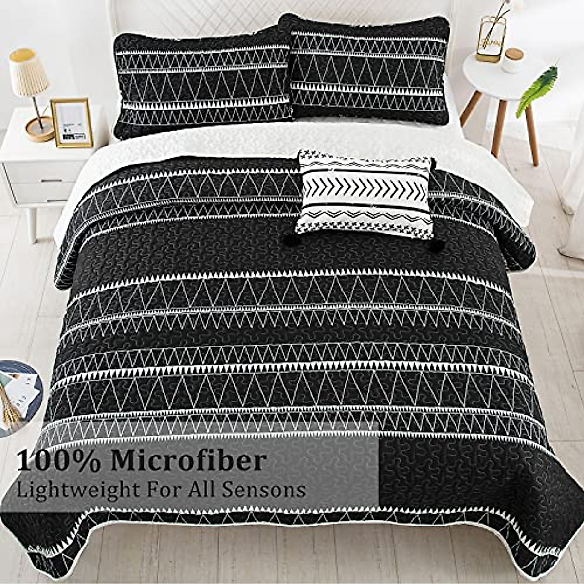 Black Quilt Set King, Black Striped Triangle Pattern Printed Bedspread Coverlet, 3 Pieces (1 Quilt + 2 Pillowcases), Soft Microfiber Bohemian Bedding Quilt Coverlet for Summer 90"x103"