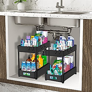 Vutlue Under Sink Organizers and Storage, 2 Tier Stackable Under Sink Cabinet Organizer with Sliding Storage Drawer and 4 Hooks, Multi-Purpose Pull Out Under Sink Organizers for Bathroom, Kitchen