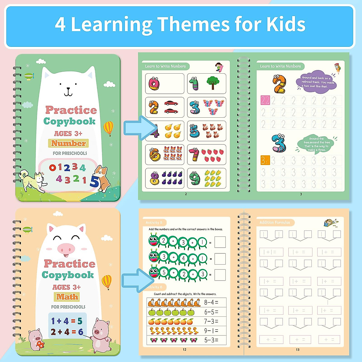 Learn-Journey Upgraded Large Size Magic Practice Copybook for Kids, Handwriting Practice Workbook, Reusable Writing Practice Book for Preschools(4 Books with Pens)-Blue Bag