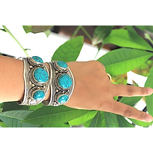 3 Stone Blue Stabilized-Turquoise Adjustable Cuff Bracelet | Ornate Boho Jewelry for Men & Women