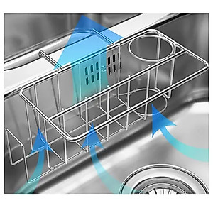 VIGOR PATH 4-in-1 Kitchen Sink Sponge Holder with Brush Holder, Dish Cloth Hanger, and Sink Plug Bracket - 304 Stainless Steel (Silver)