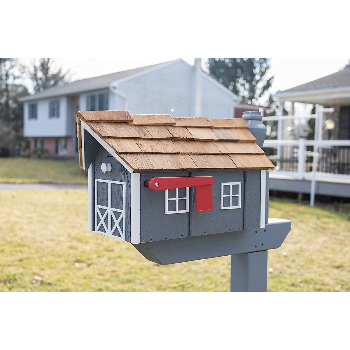 Wood Mailbox with Cedar Shake Roof and Magnetic Latch - Choose Your Color (Grey & Cedar Shake & White)