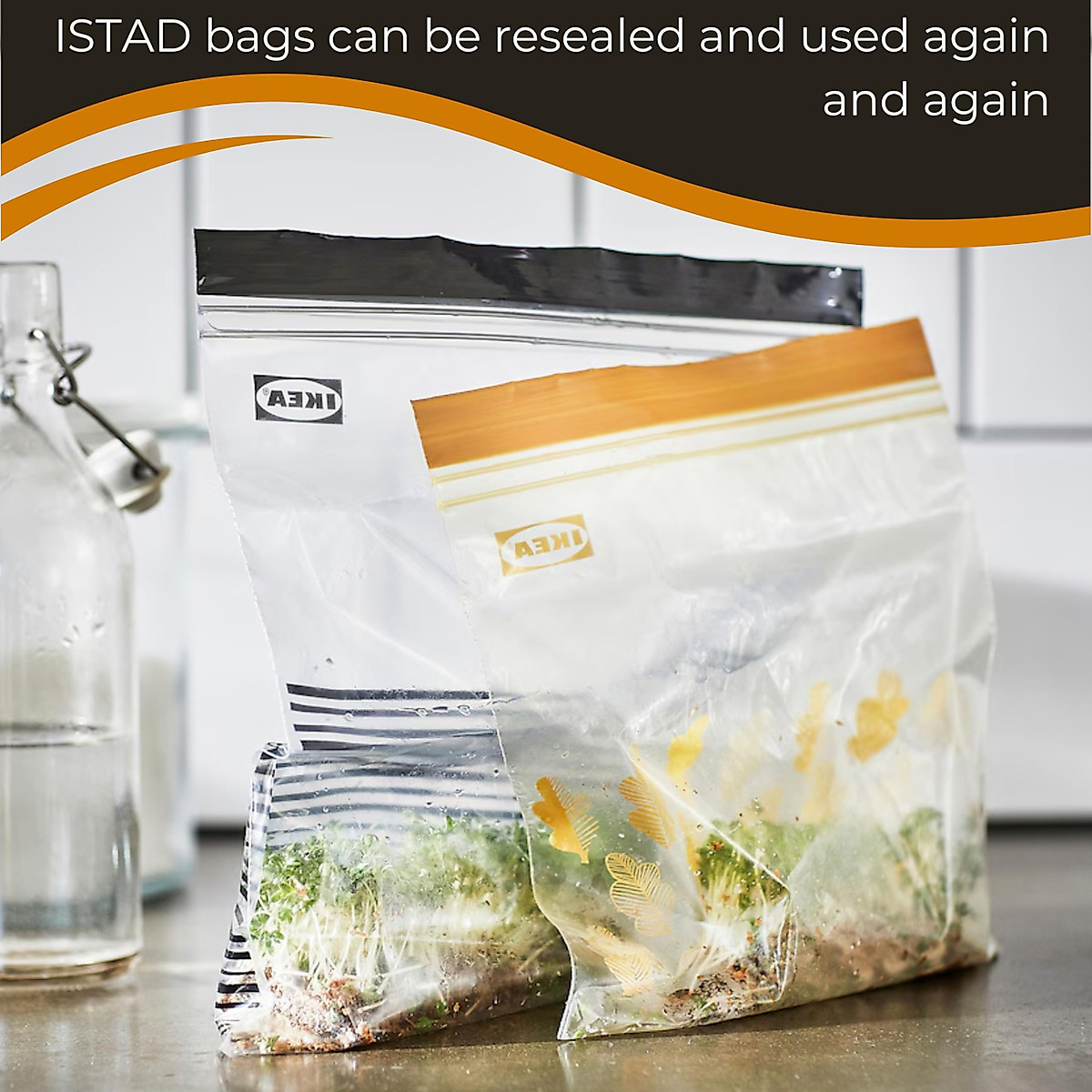 Ikea ISTAD Medium Reusable Food Bags with Double Seal, 1.2 & 2.5 Litres, Black Striped/Yellow Leaf - Set of 100 Bags