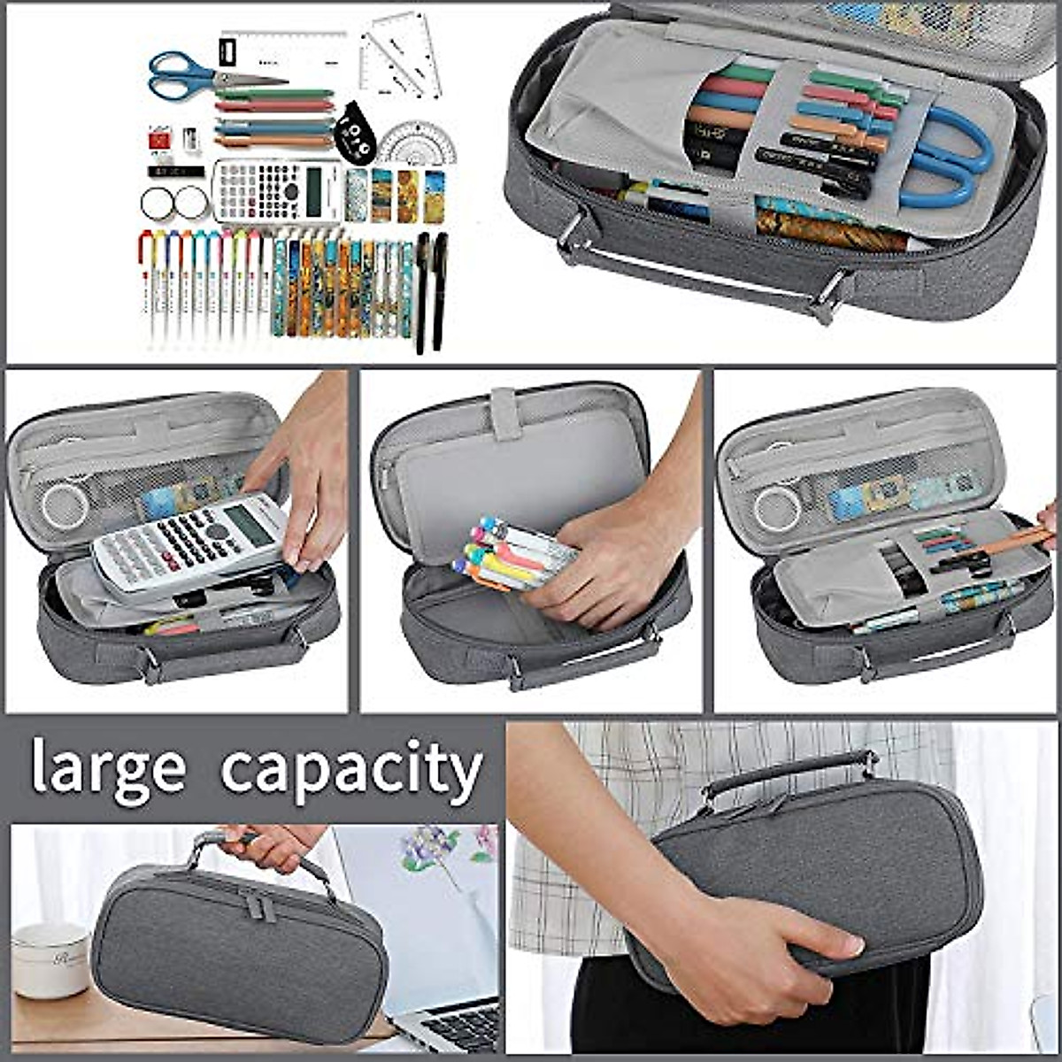 Pencil Case Pen Bag, RUMANLE Pen Bag Big Capacity Canvas Makeup Pouch Bag Case Pencil Holder Practical Students Stationery with Double Zippers Durable for School & Office Supplies - (Empty- Grey)