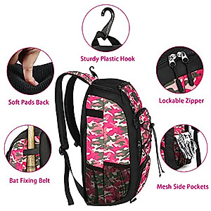 MATEIN Girls Softball Bag, Baseball Bag with Cleats Pocket for Girls, Boys, Adult, Large Baseball Backpack for Men with Fence Hook- Hold 2 Bats, Batting Mitten, Helmet, Caps, Teeball Gear, Pink Camo