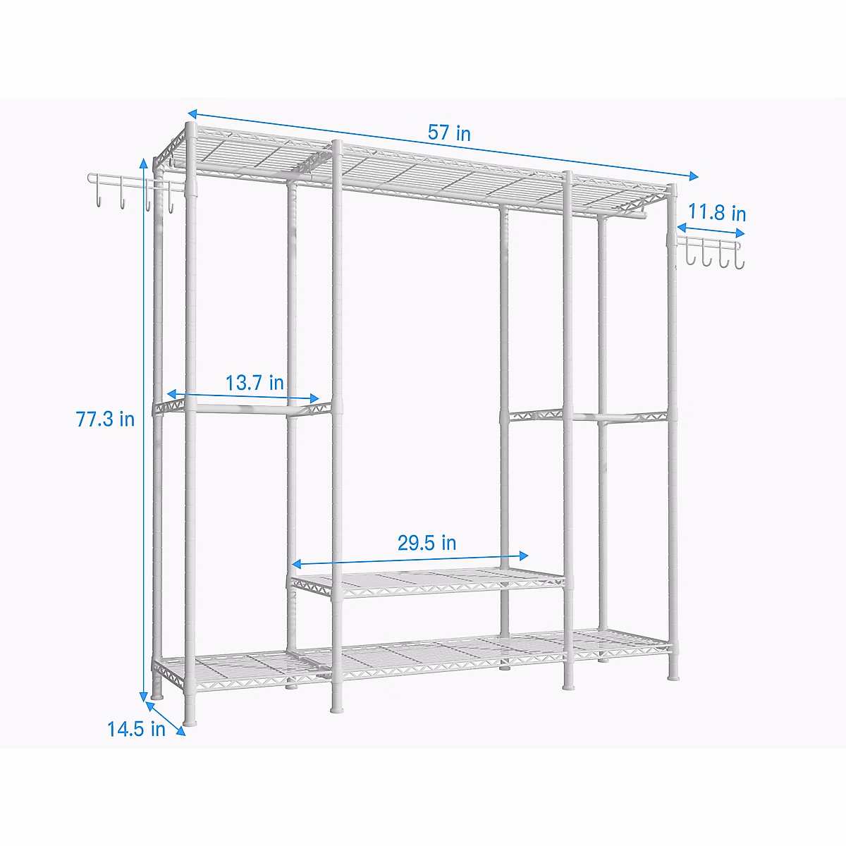 Ulif E3 Heavy Duty Garment Rack, 4 Tiers Freestanding Closet Organizer System with 5 Shelves, Metal Closet Organizer and Storage System for Clothes, Max Load 650lbs, 57.1"W x 14.5"D x 77.3"H, White