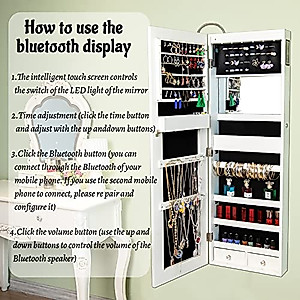 KEDLAN Upgraded Jewelry Organizer with Bluetooth Speaker, Wall/Door Mounted Jewelry Armoire, Full Length Lighted Mirror with Jewelry Cabinet,Jewelry Box with Time and Temperature Display