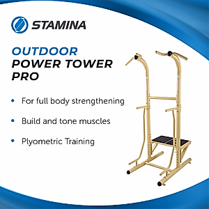 Stamina Outdoor Fitness Power Tower Pro with Plyo Box - Dip Bar Pull Up Bar Station with Smart Workout App - Dip Bars for Home Workout - Up to 300 lbs Weight Capacity