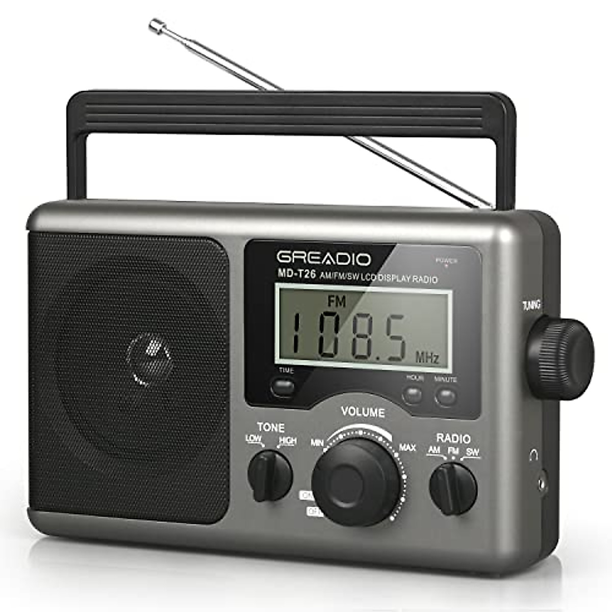 Greadio Portable Shortwave Radio,AM FM Transistor Radio with Best Reception,LCD Display,Time Setting,Battery Operated by 4 D Cell Batteries or AC Power,Big Speaker,Earphone Jack for Gift,Elder,Home