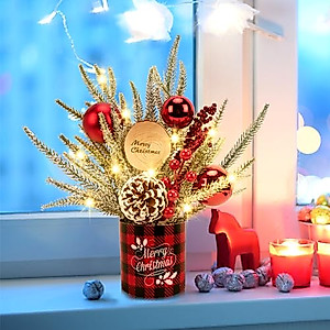 AILANDA Small Christmas Tree with 20LED Lights, 13.4" Artificial Mini Tabletop Christmas Tree with Xmas Ball Ornaments Pine Cone Berry for Table Thankgivings Christmas Decorations Home Indoor Decor