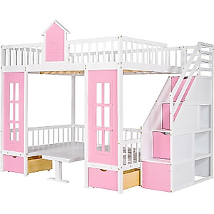 MERITLINE Full Loft Beds with Stairs and Desk, Wooden Castle Shaped Full Over Full Bunk Bed with Changeable Desk,Storage Bunk Bed with Drawers for Kids Girls Boys Teens, Pink