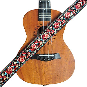 Farcaya Ukulele Strap Jacquard Flower for Soprano Concert Tenor Baritone UKE Neck Strap Lock Button (Red Flower)