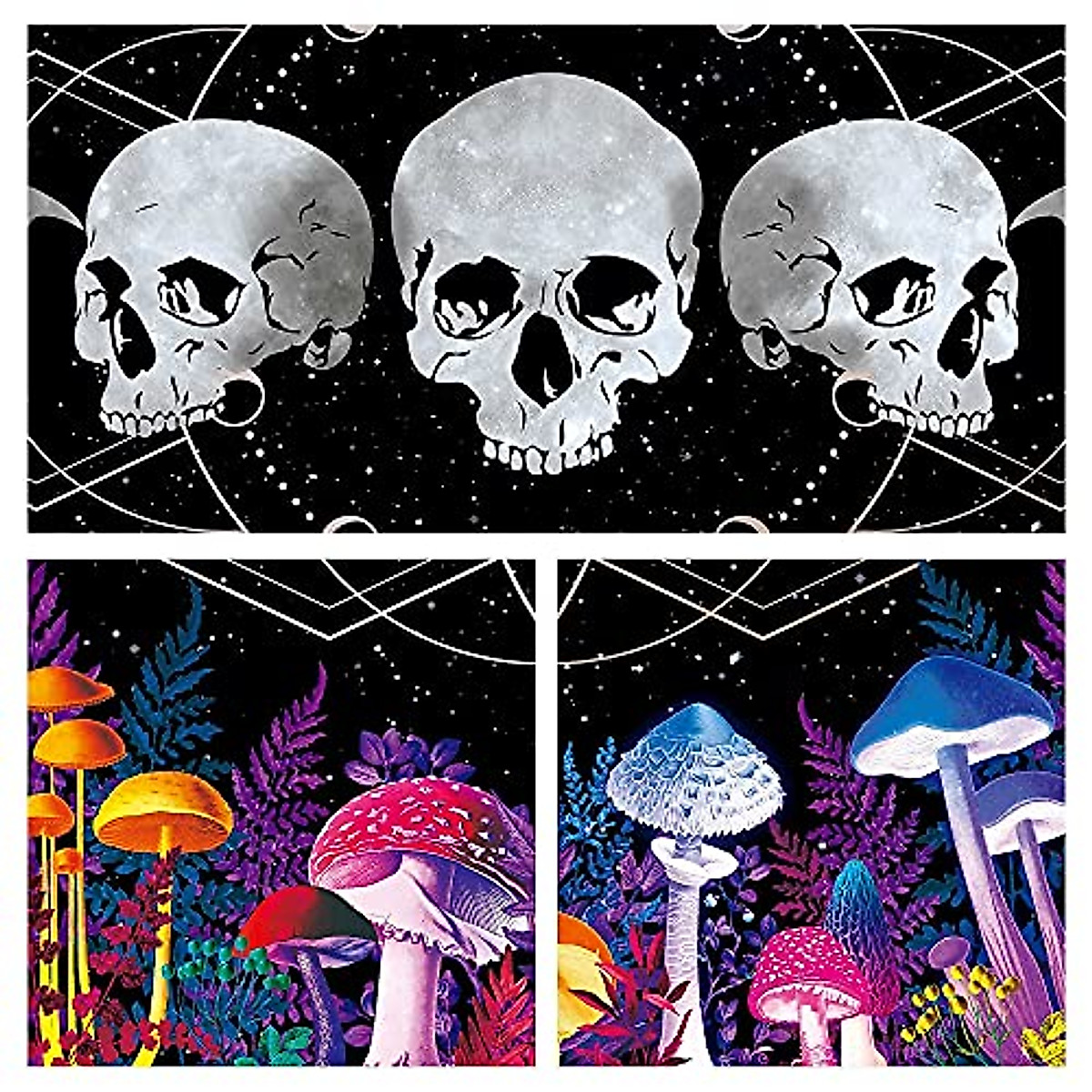 Jinxy Skull Moon Phase Mushroom Garden Tapestry, Psychedelic Floral Plant Tapestry, Wild Flowers Tapestry Home Decor Wall Hanging for Living Roomall Hanging for Living Room (Moon Phase Skull, 51.2" x 59.1")