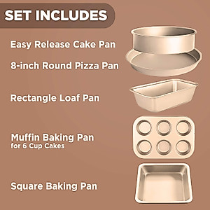 Two Moles Bakeware 5 Pcs Set. Includes Springform Cake Pan (6.25''), Muffin Pan, Square(Cookie Sheets), Rectangle Loaf Pan & 8'' Round Personal Pizza Pan
