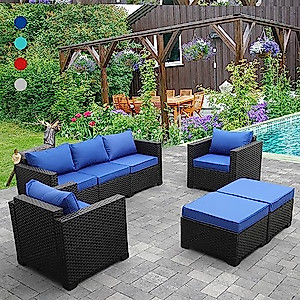 Outdoor Wicker Furniture Couch Set 5 Pieces, Patio Furniture Sectional Sofa with Royal Blue Cushions and Furniture Covers, Black Rattan