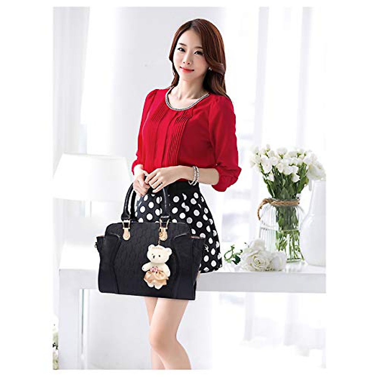 Women 4 Pcs Handbags Set, Tote Bag Top Handle Shoulder Crossbody Bag Wallet Card Holders Pack, Black