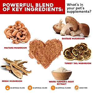 Critical Immune Defense for Dogs & Cats; Supports Normal Cell Growth - Turkey Tail, Reishi, Shiitake and Maitake Mushroom Formula with Patented White Turmeric Root Extract - 90-Day Supply