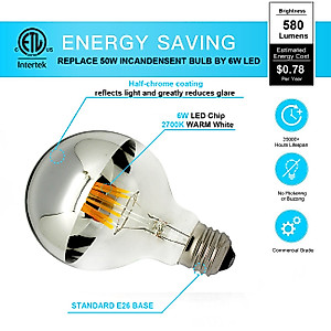 Half Chrome Light Bulb Dimmable LED Filament Vintage Bulb with Mirror 6W (60W Equivalent) G80/G25 E26 Medium Base Warm White 2700K
