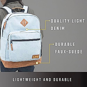 Lee Heritage Sturdy Backpack for Travel Classic Logo Water Resistant Casual Daypack for Travel with Padded Laptop Notebook Sleeve (Light Denim)