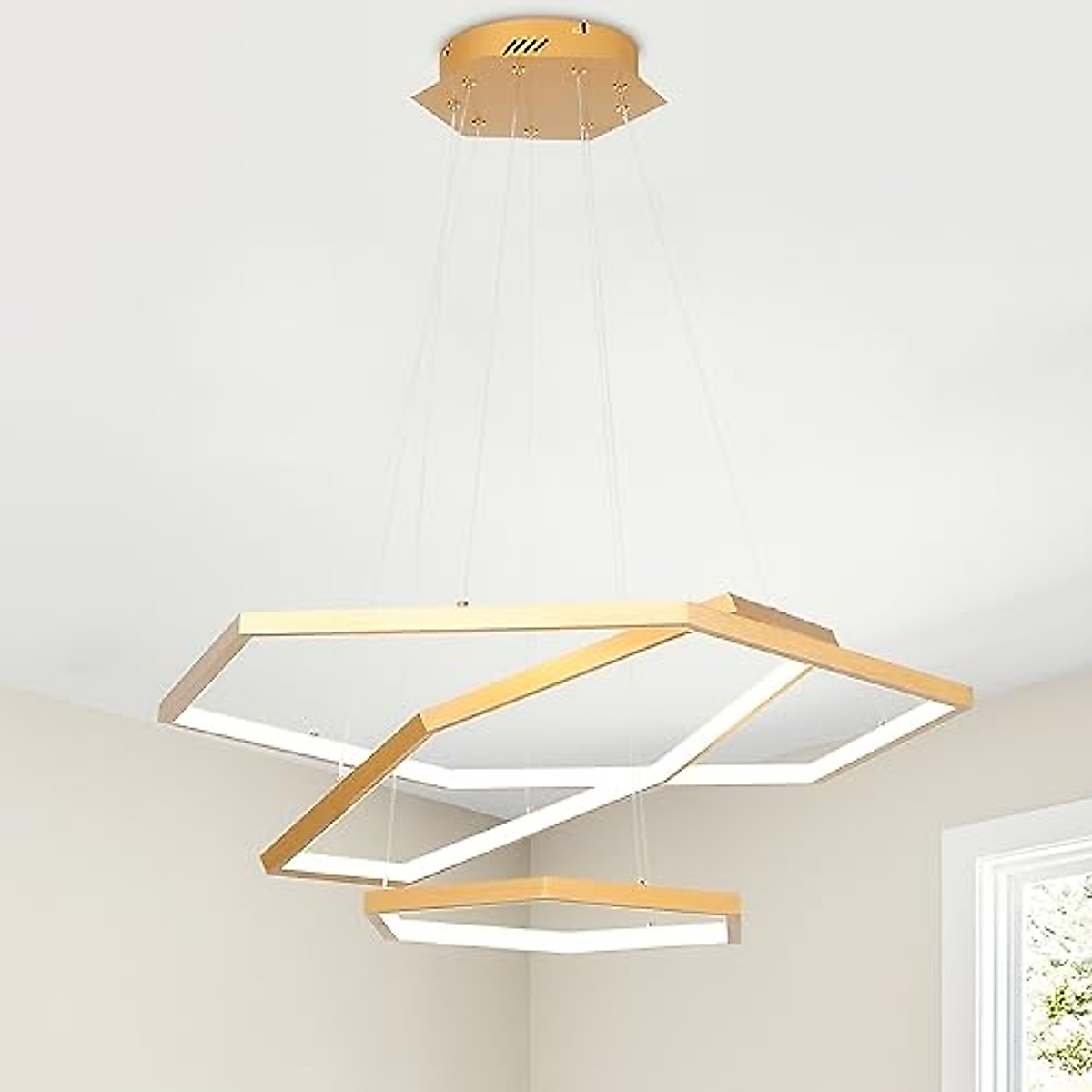 umeiluce 3 Lights Hexagon LED Chandeliers Brushed Gold Finish Chandelier Pendant Light Remote Dimmable Ceiling Hanging Light Fixture for Living Room Bedroom Dining Room